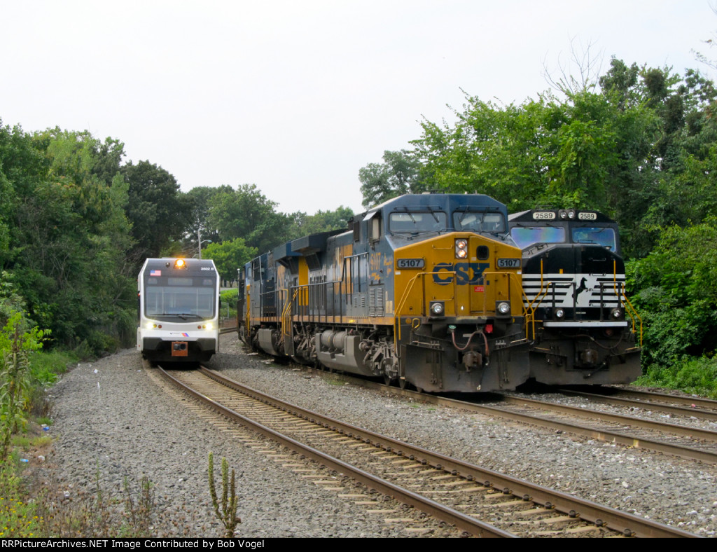 NJT 3502, CSX 5107, and NS 2589